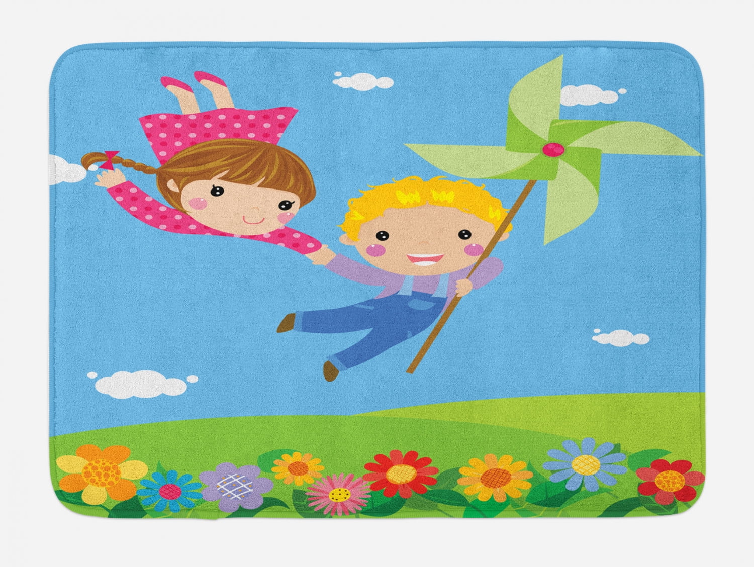 Pinwheel Bath Mat, Little Boy and Girl Flying Fantasy Fairy Friendship ...