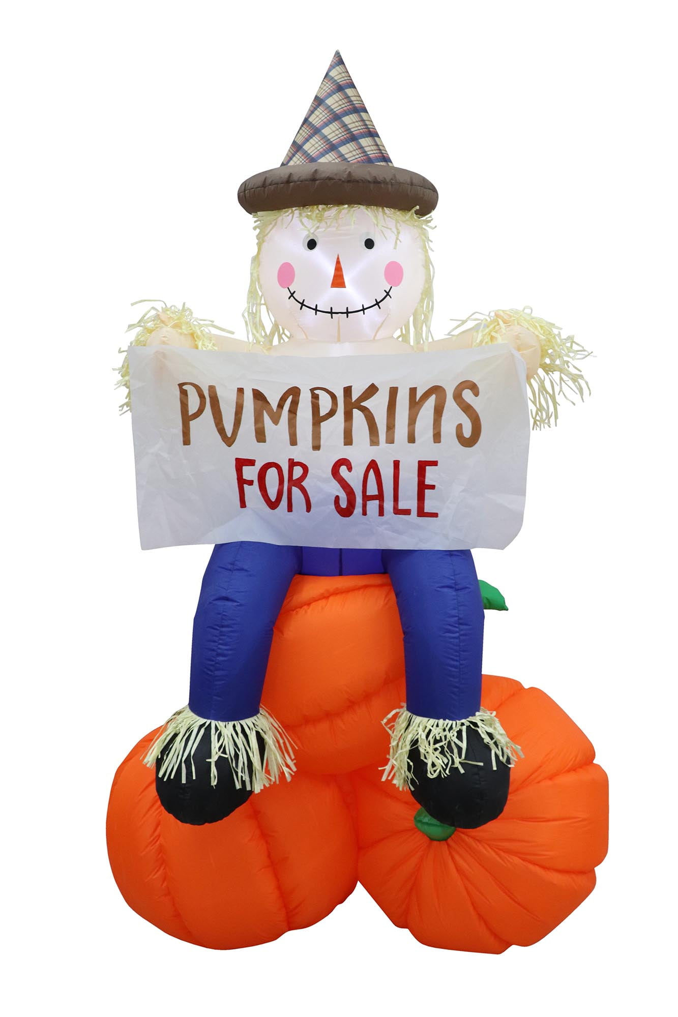 7 1/2' Air Blown Inflatable Thanksgiving Scarecrow sitting on Pumpkin w ...
