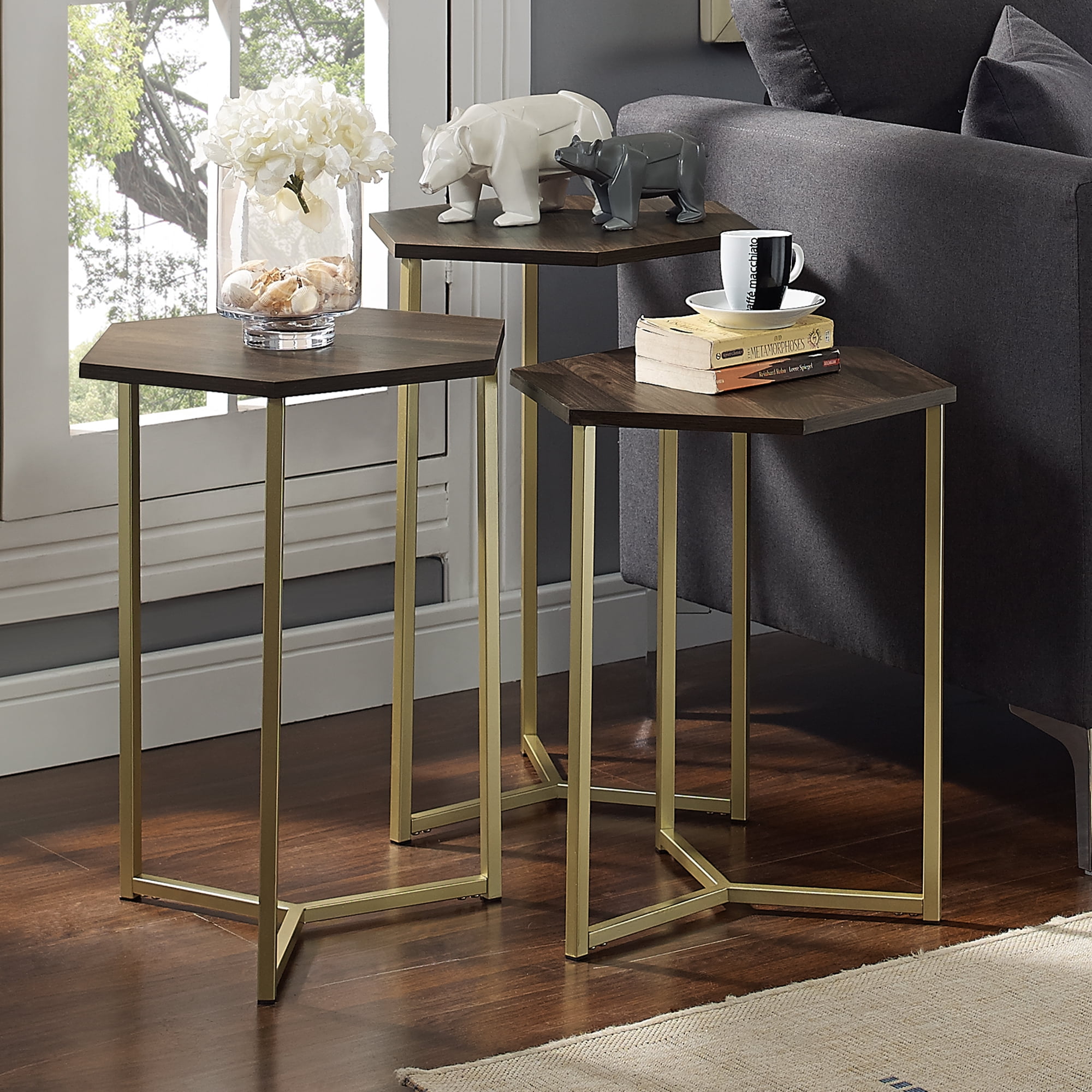 Manor Park Modern Wood Nesting Tables, Set of 3, Dark Walnut/ Gold ...
