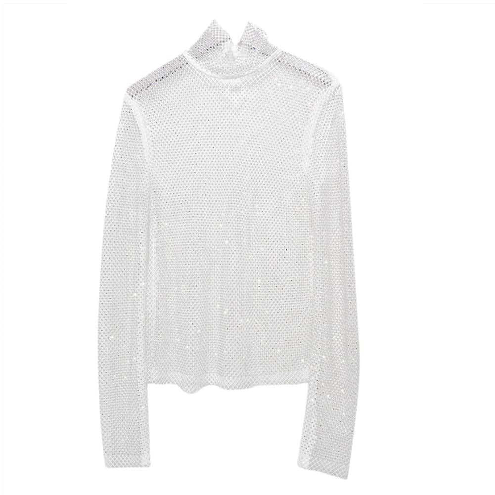 YM YOUMU Women Rhinestone Sheer Mesh Tops See Through Shirt Long Sleeve ...