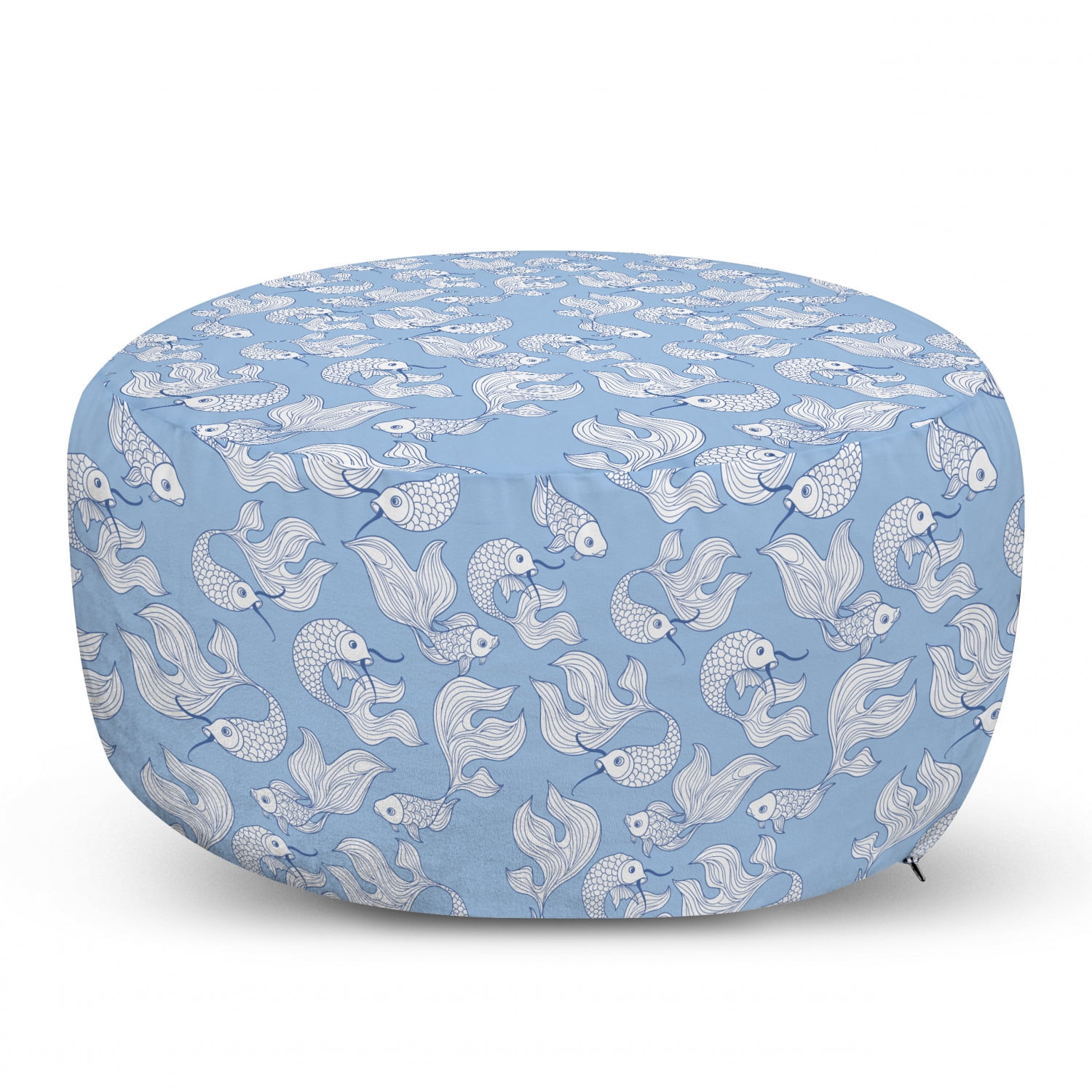 Nautical Pouf Cover with Zipper, Marine Themed White Chinese Fish ...