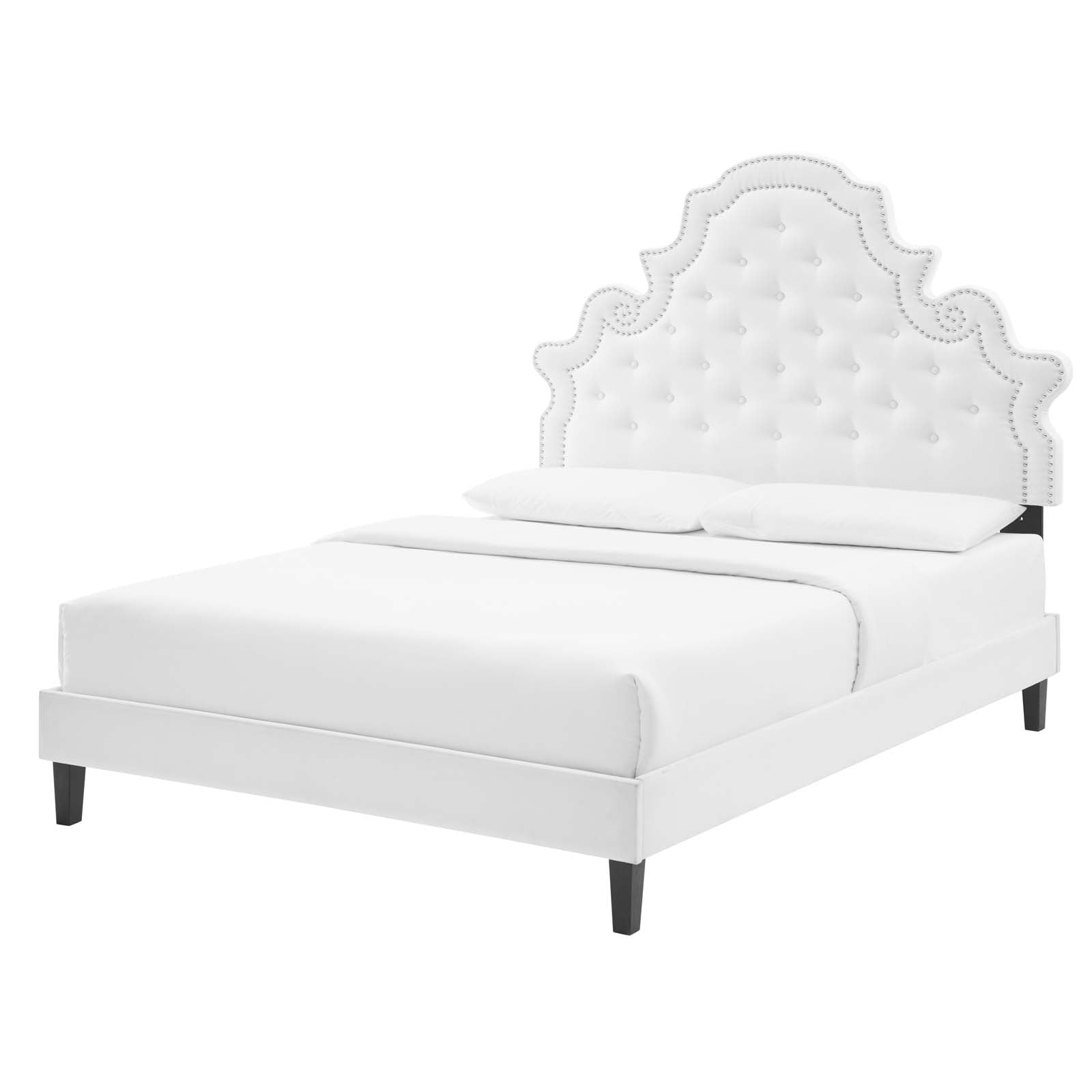 Tufted Platform Bed Frame, Full Size, Velvet, White, Modern ...