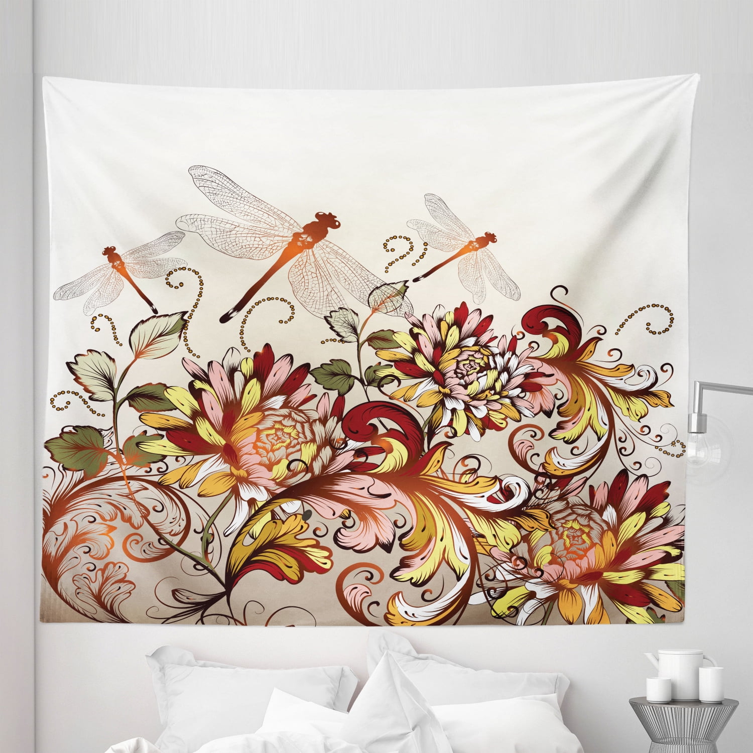 Spring Tapestry, Flower Field Foliage with Dragonflies Season Shabby ...