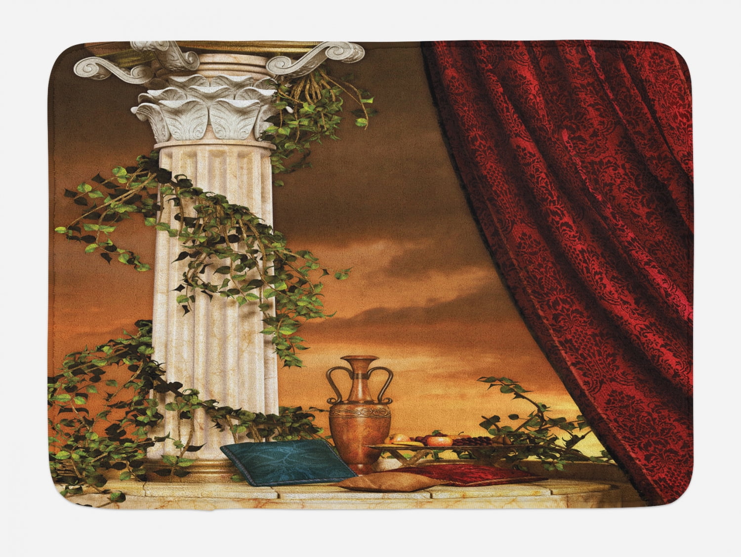 Gothic Bath Mat, Greek Style Scene Climber Pillow Fruits Vine and Red ...