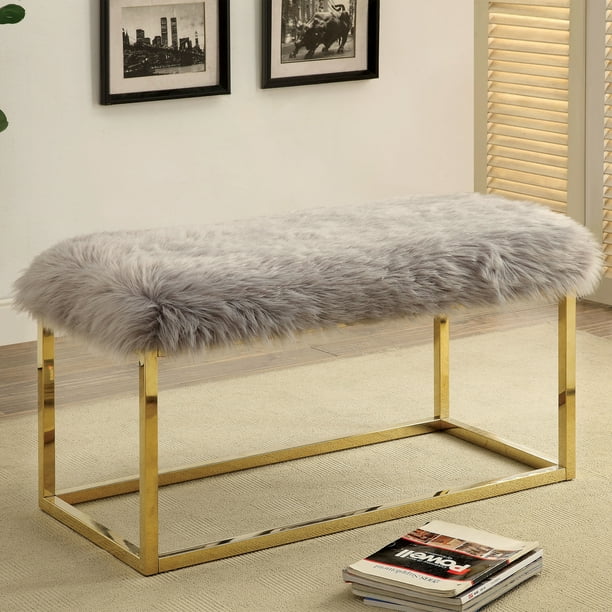 Furniture of America Euna II Contemporary Faux Fur Dining Bench, Gray ...