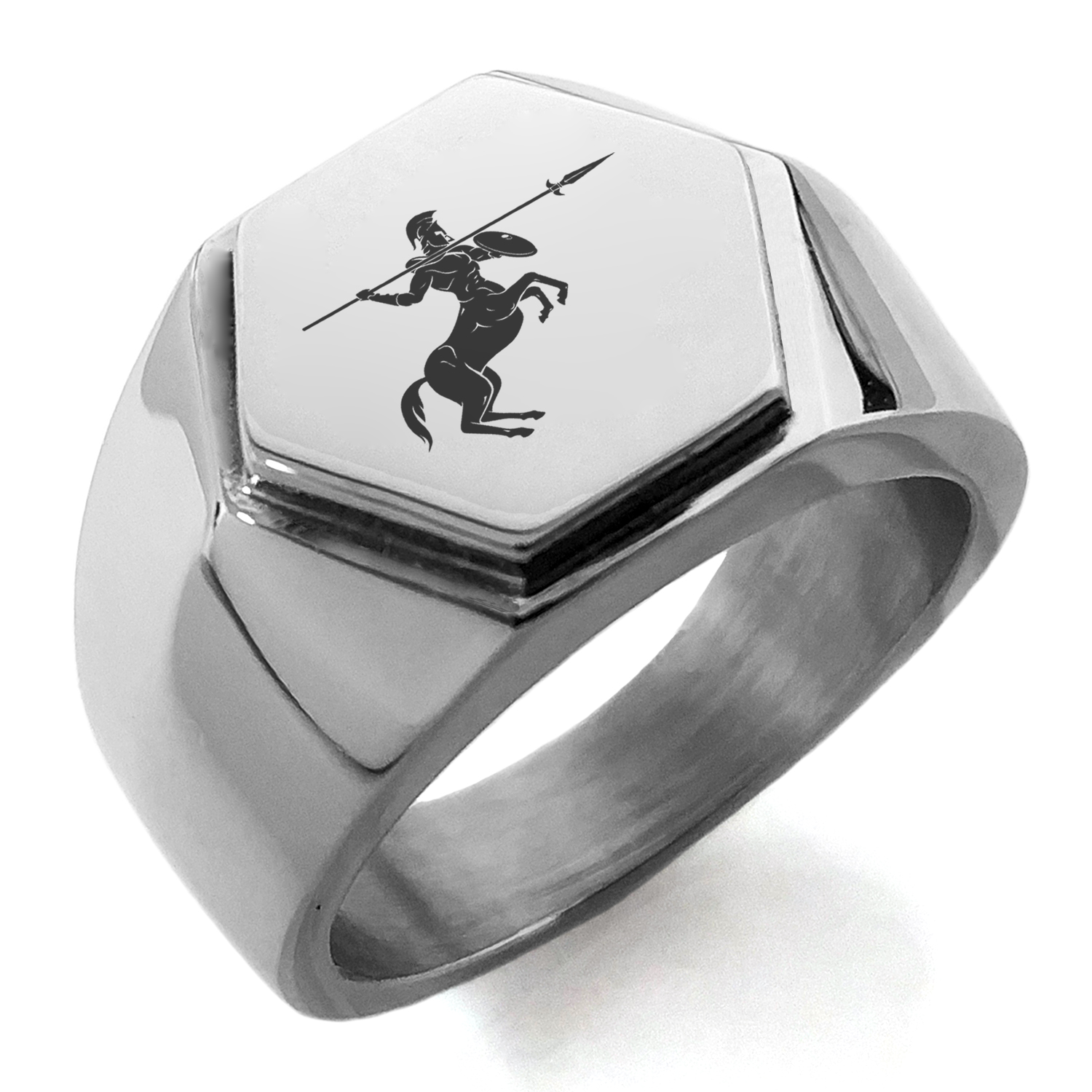 Stainless Steel Greek Mythology Centaur Engraved Hexagon Crest Flat Top ...
