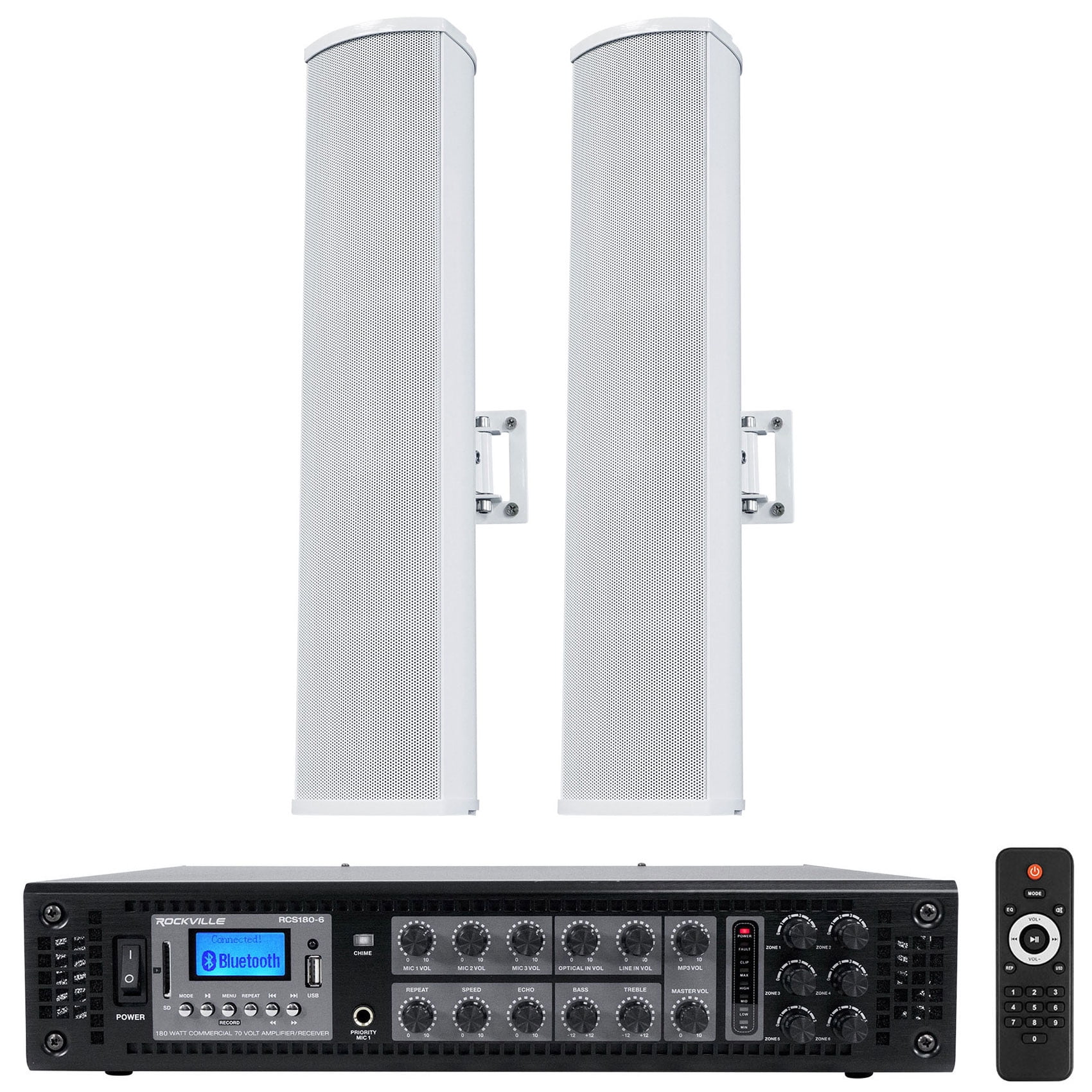 Rockville RCS180-6 70v Commercial Amplifier Amp + (2) White Line Array ...