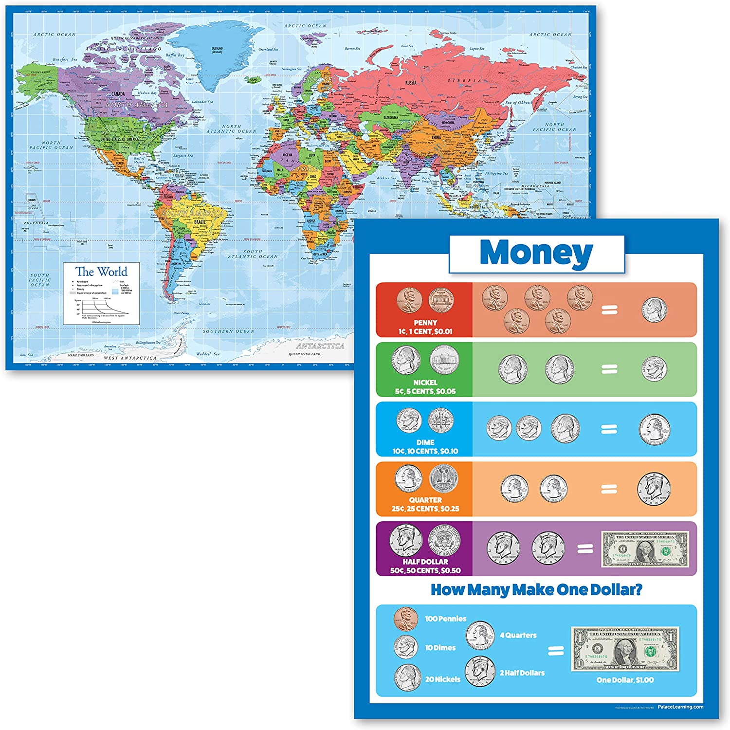2 Pack - World Map Poster [Blue Ocean] & USA Money $ Chart (Laminated ...