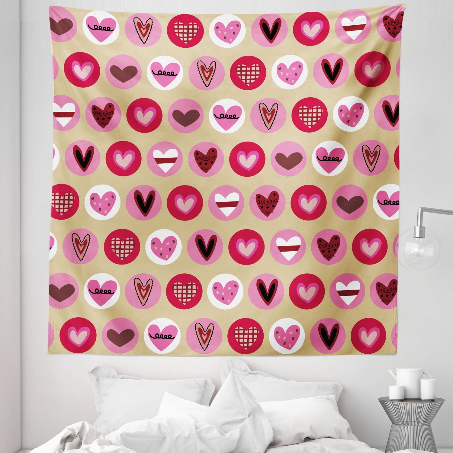 Hearts Tapestry, Cartoon Style Heart Shapes with Dots and Spirals ...