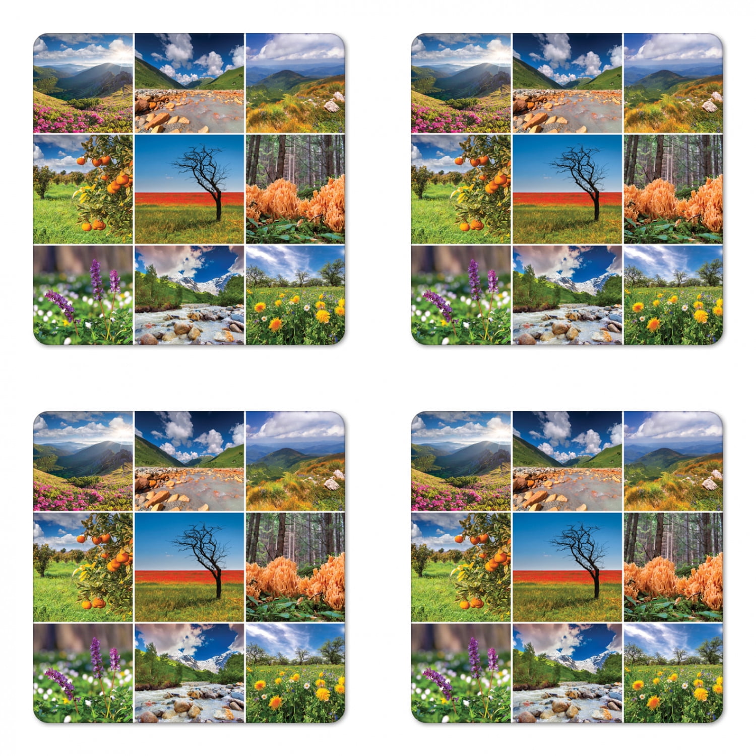 Summer Coaster Set of 4, Collage with Summer Scenery Majestic Mountains ...