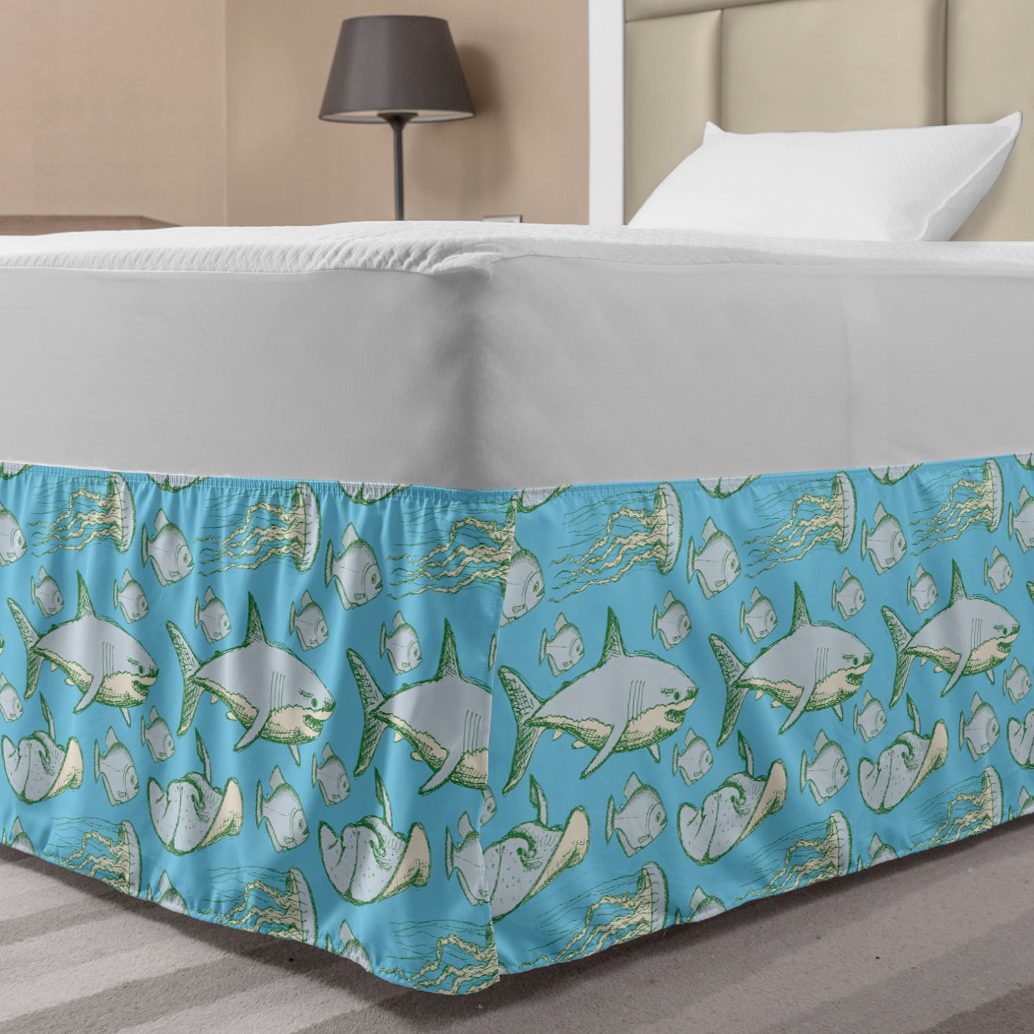 Shark Bed Skirt, Sea Creatures in Vintage Style Swimming Flatfish ...
