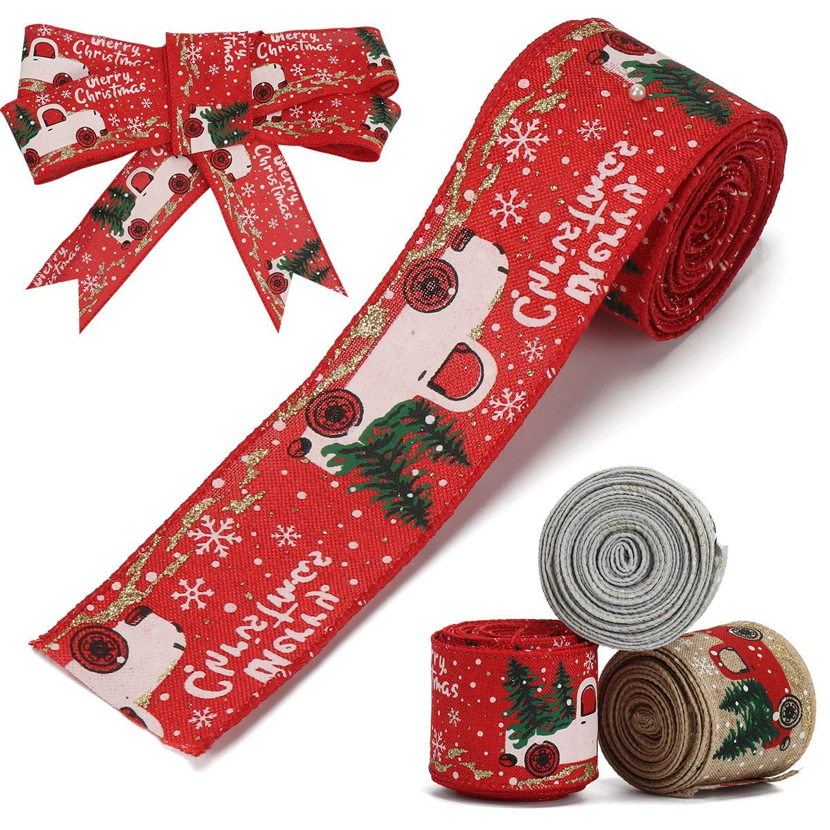 Spencer Christmas Ribbon Burlap Gift Wrap Ribbon "Truck and Merry ...