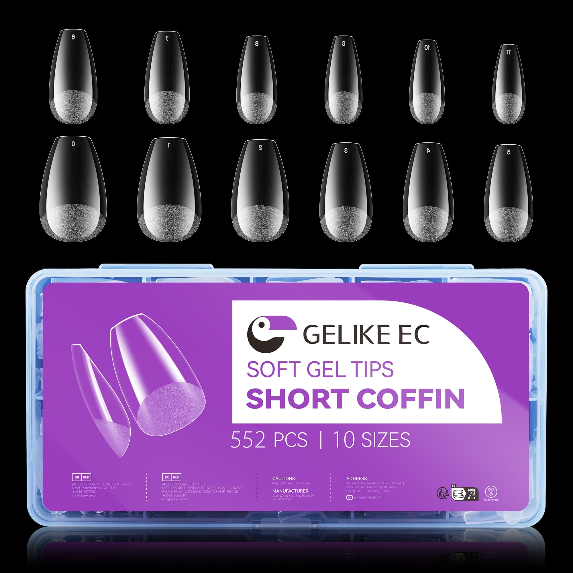 Gelike Ec 552pcs Short Coffin Soft Gel Full Cover Nail Tips Kit For