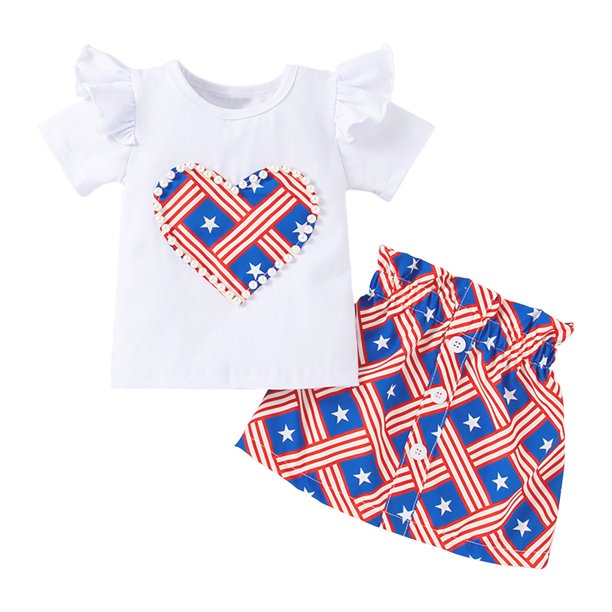 OAVQHLG3B Toddler Kids Girl 4th of July Outfit American Flag Short Sleeve Top+Skirt Independence ...