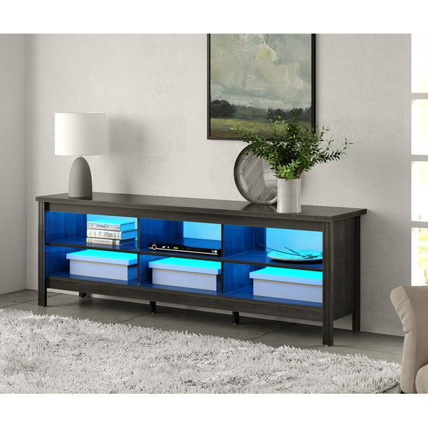LED TV Stand for 80 Inch TV, Farmhouse Wood TV Cabinet with 6 Cubby for ...