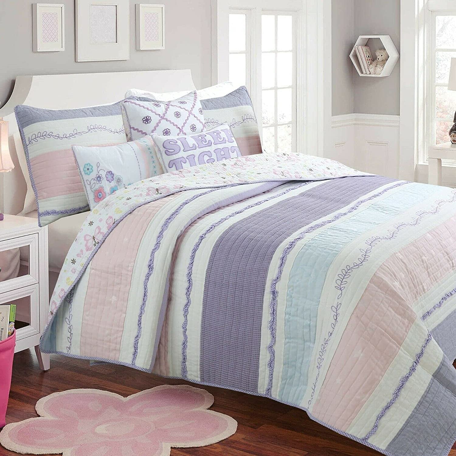 Cozy Line Cotton Girl's Quilt Bedding Set with Ruffles - Reversible ...