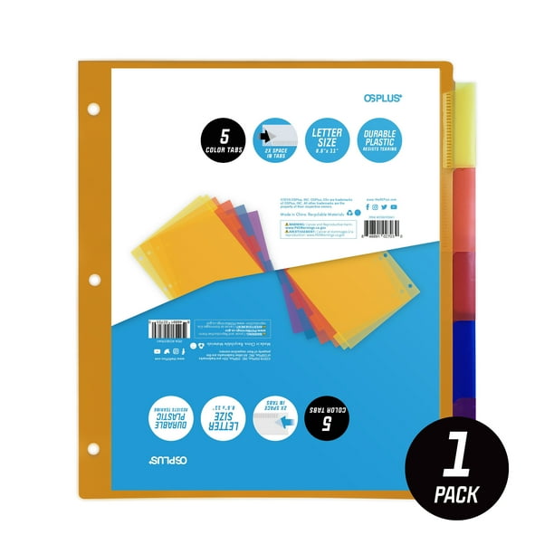 5-Tab Plastic Binder Dividers, Insertable Multicolor Big Tabs, 1 Set ...