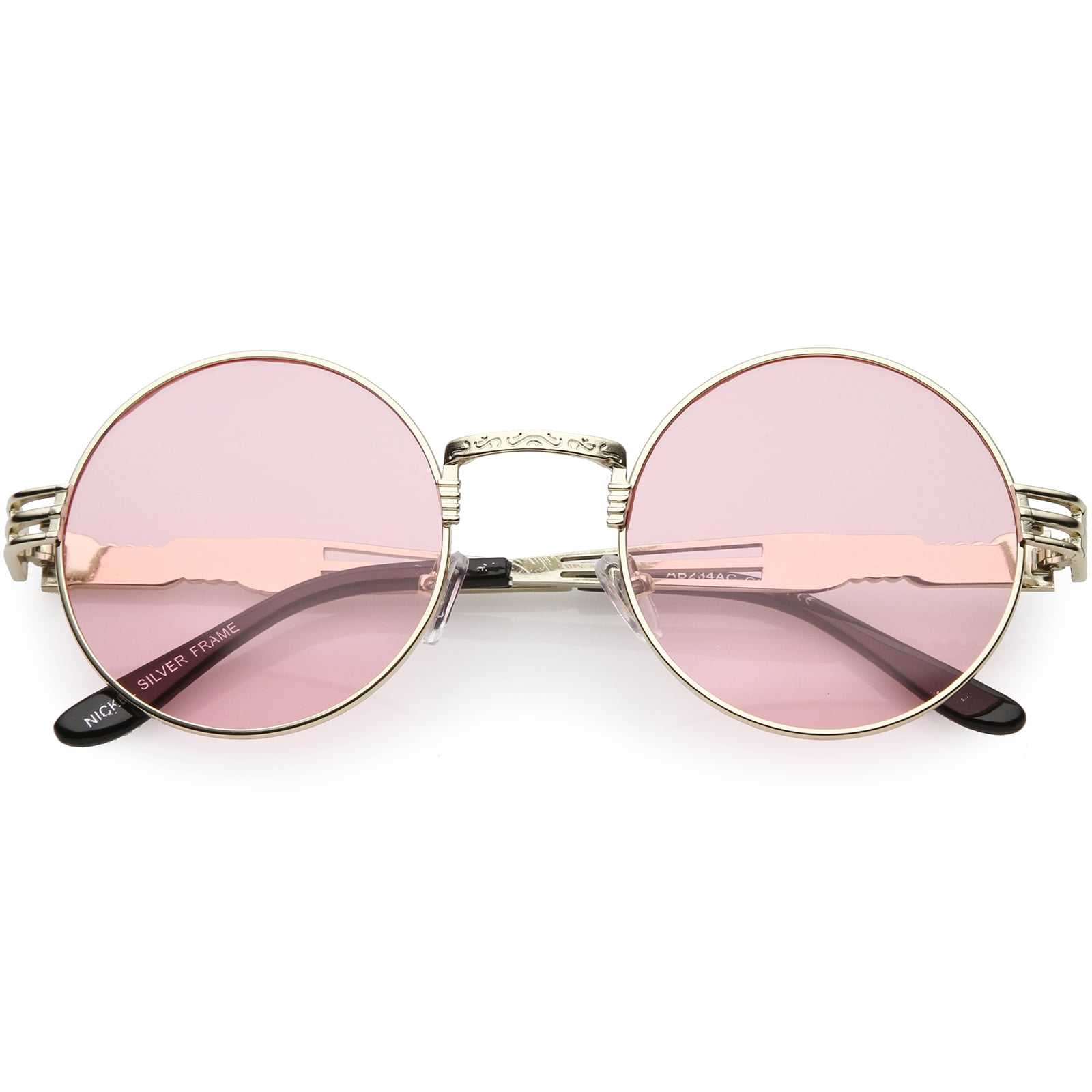 Oversize Round Sunglasses Engraved Metal Arm Cutout Color Tinted Lens ...