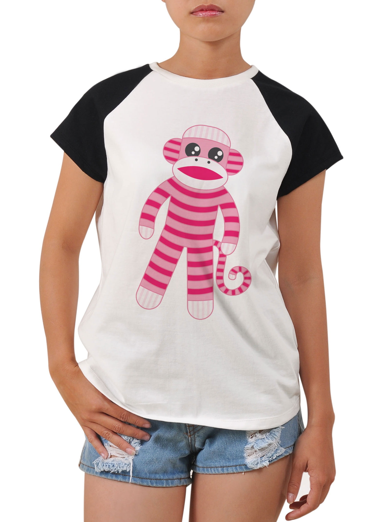 Sock Monkey Printed 100% Cotton Short Sleeves Tee Raglan T- Shirt WTS ...