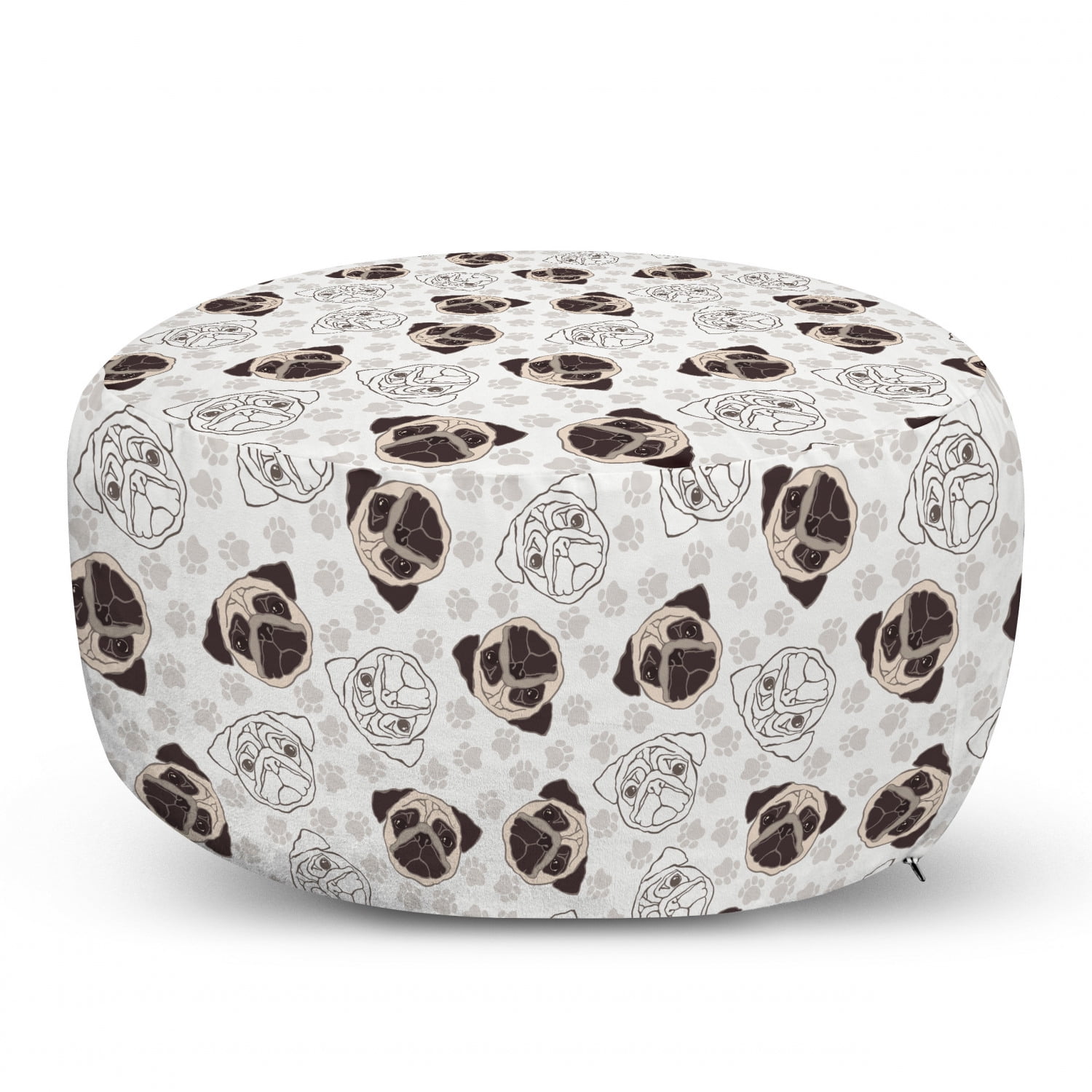 Dog Pouf Cover with Zipper, Pug Portraits Traces Paw Print Background ...