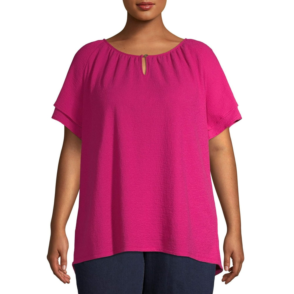 Terra And Sky Terra And Sky Womens Plus Size Textured Ruffle Sleeve
