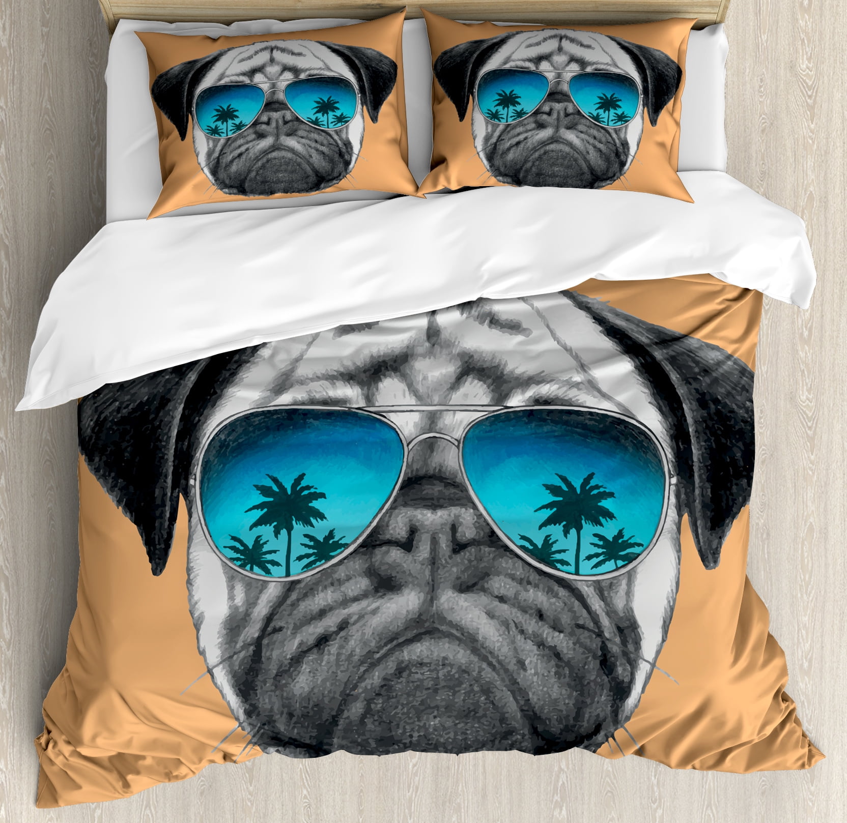 Pug Queen Size Duvet Cover Set, Dog with Reflecting Aviators Palm Trees ...