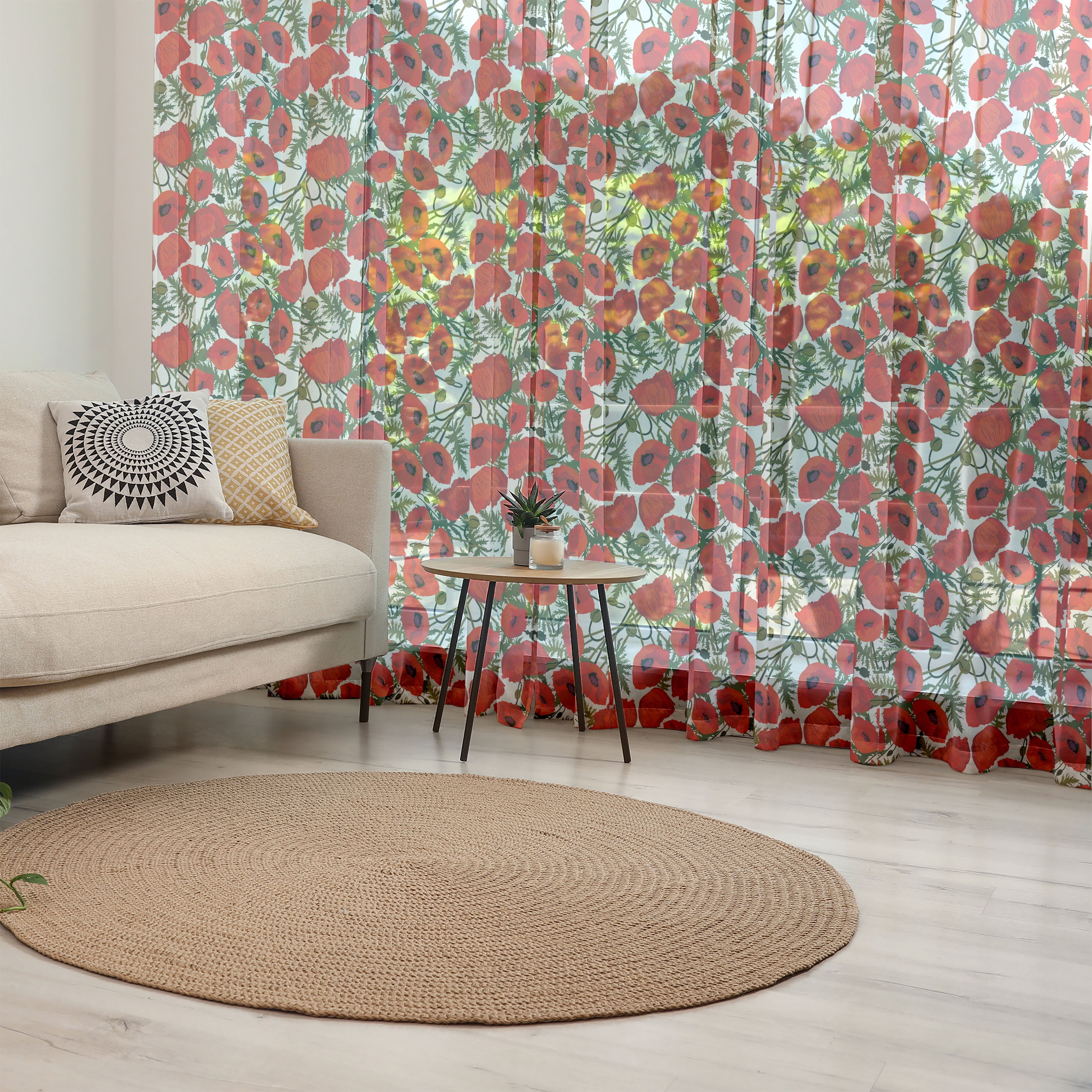 Poppy Flower Tulle Curtains with Rod Pocket, Abstract Pattern with ...