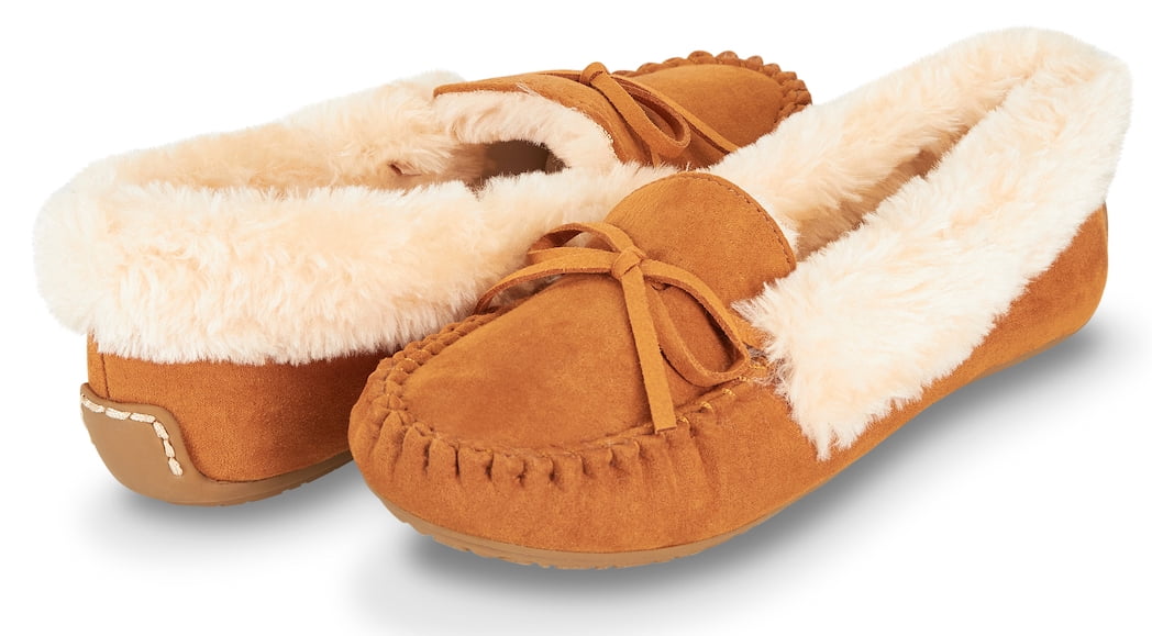 Floopi Womens Indoor/Outdoor Basic Memory Foam Moccasin Slipper W/Faux ...