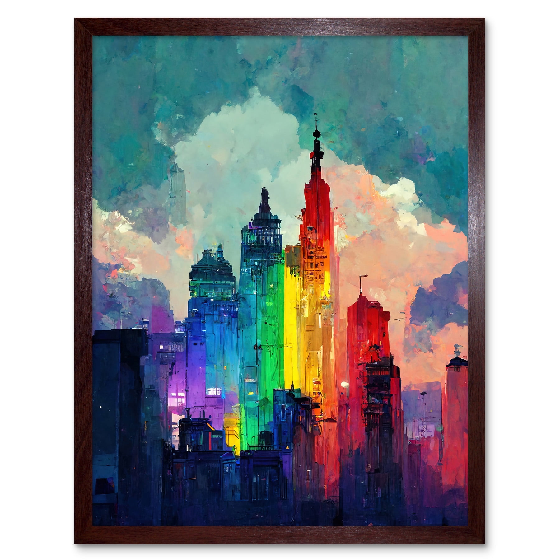 Rainbow Skyscrapers Skyline Cityscape Abstract Multicoloured Painting ...