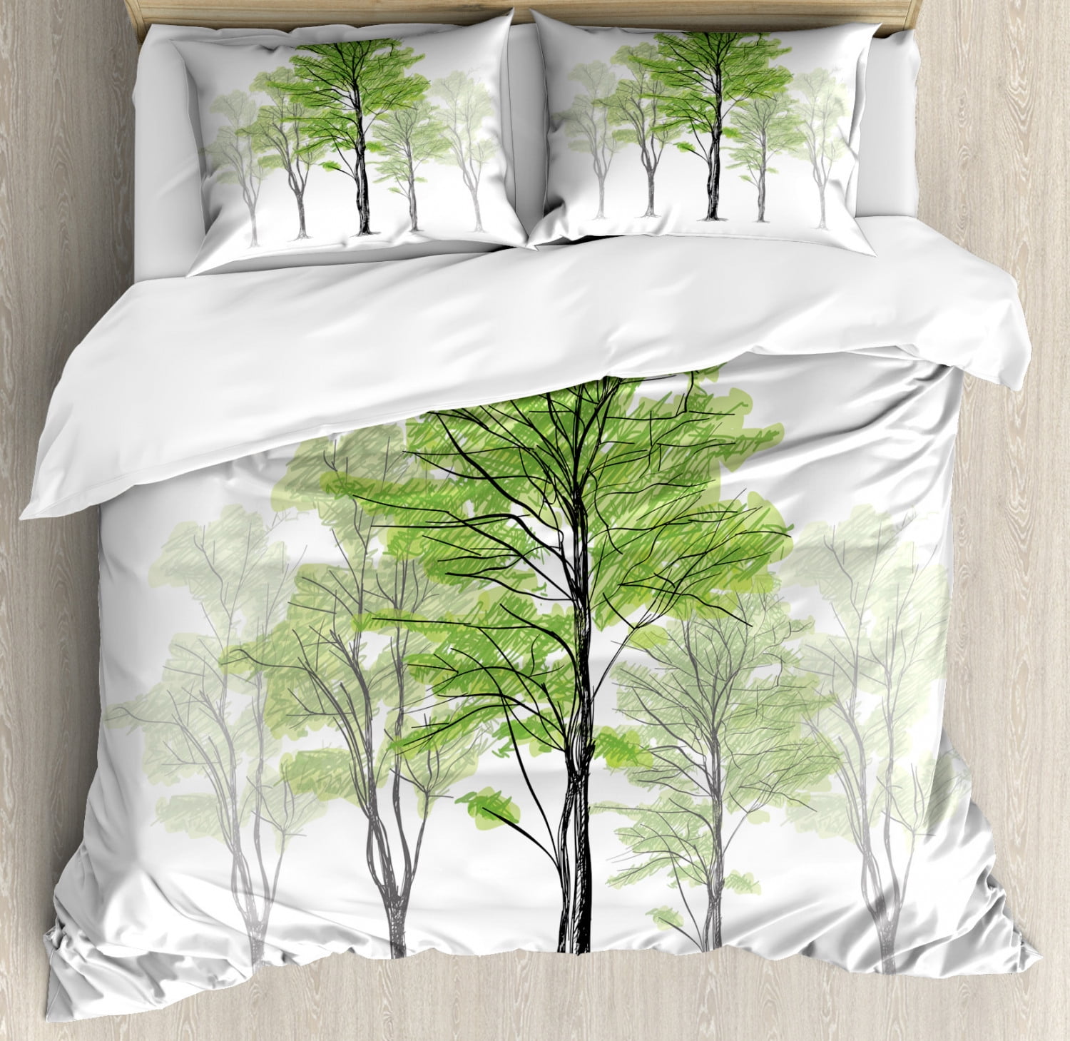 Forest Duvet Cover Set Queen Size, Sketch Style Tree with Green Leaves ...
