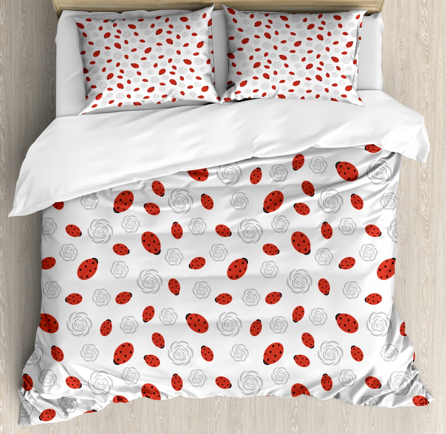 Ladybugs Duvet Cover Set Queen Size, Abstract Flower Silhouettes Nature ...