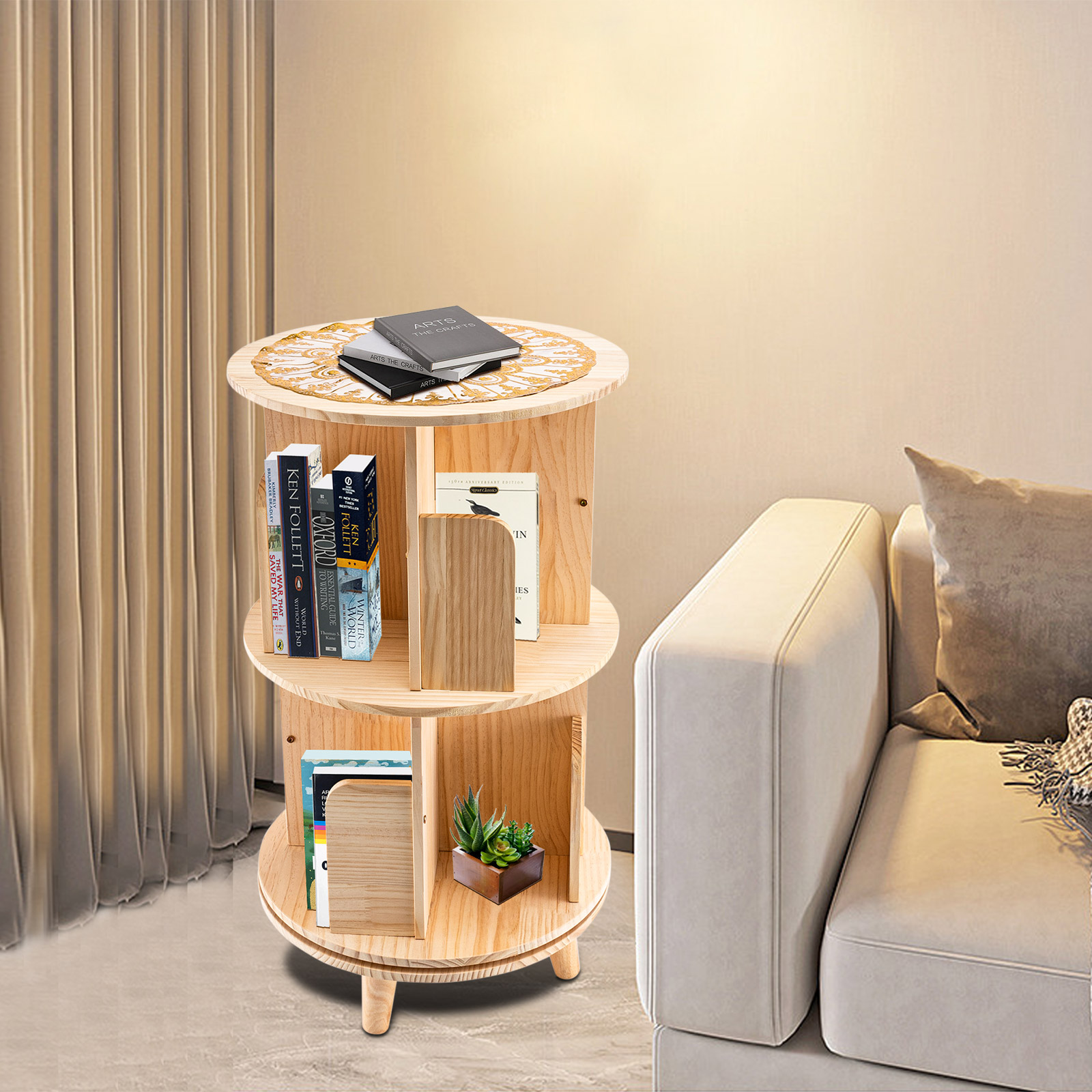 YIYIBYUS Bookshelf Rotating Floor Standing Bookcase Round Wood Storage ...
