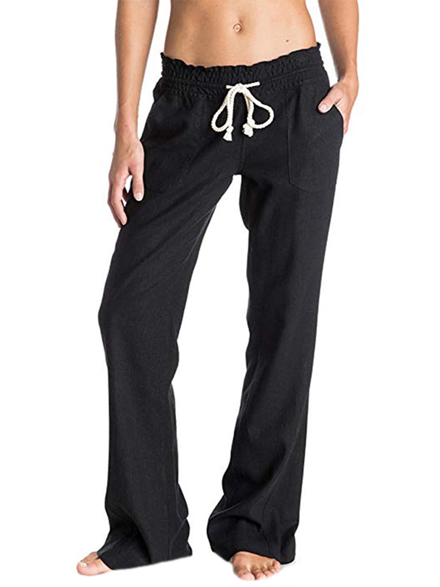 Womens Loose Plain Drawstring Wide Leg Elastic Waist Casual Pants