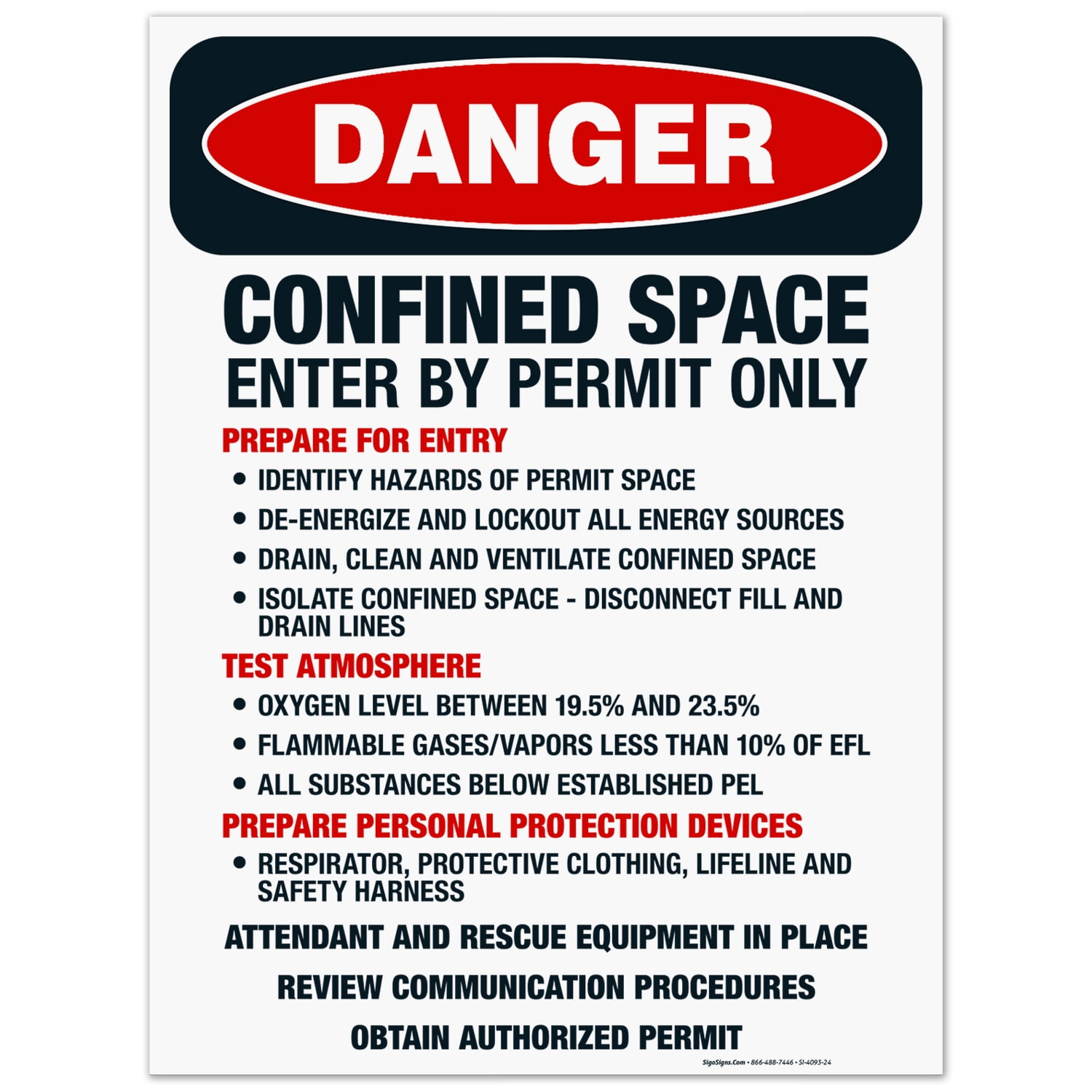 Confined Space Enter By Permit Only Attendant And Rescue Equipment Sign ...