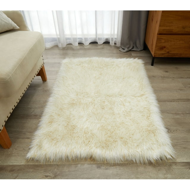 Lanco Thick Faux Fur Shag Area Rug, Ideal for Living Room, Gold, 30x46 ...