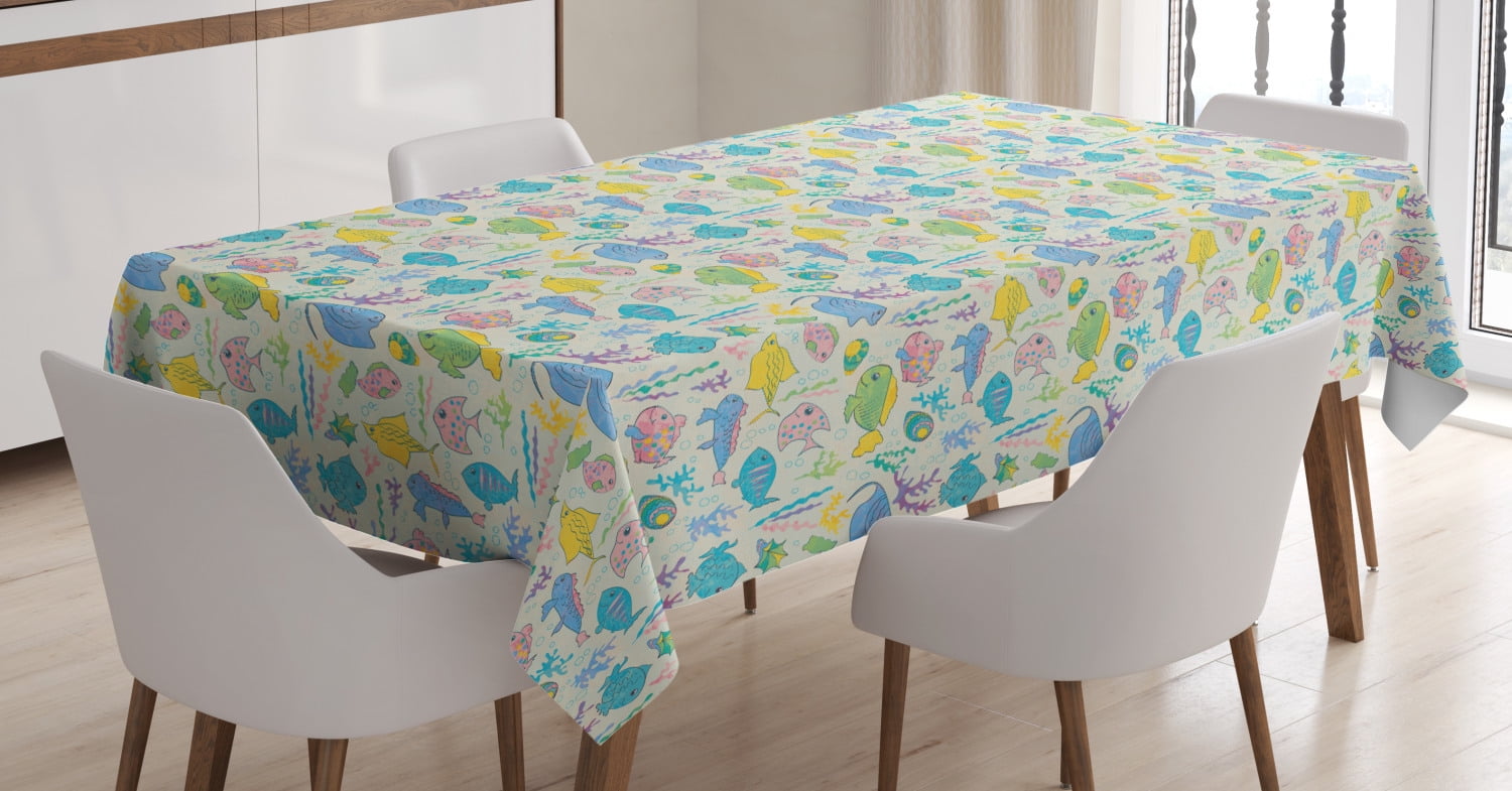 Fish Tablecloth, Nursery Style Cartoon Underwater Animals with ...