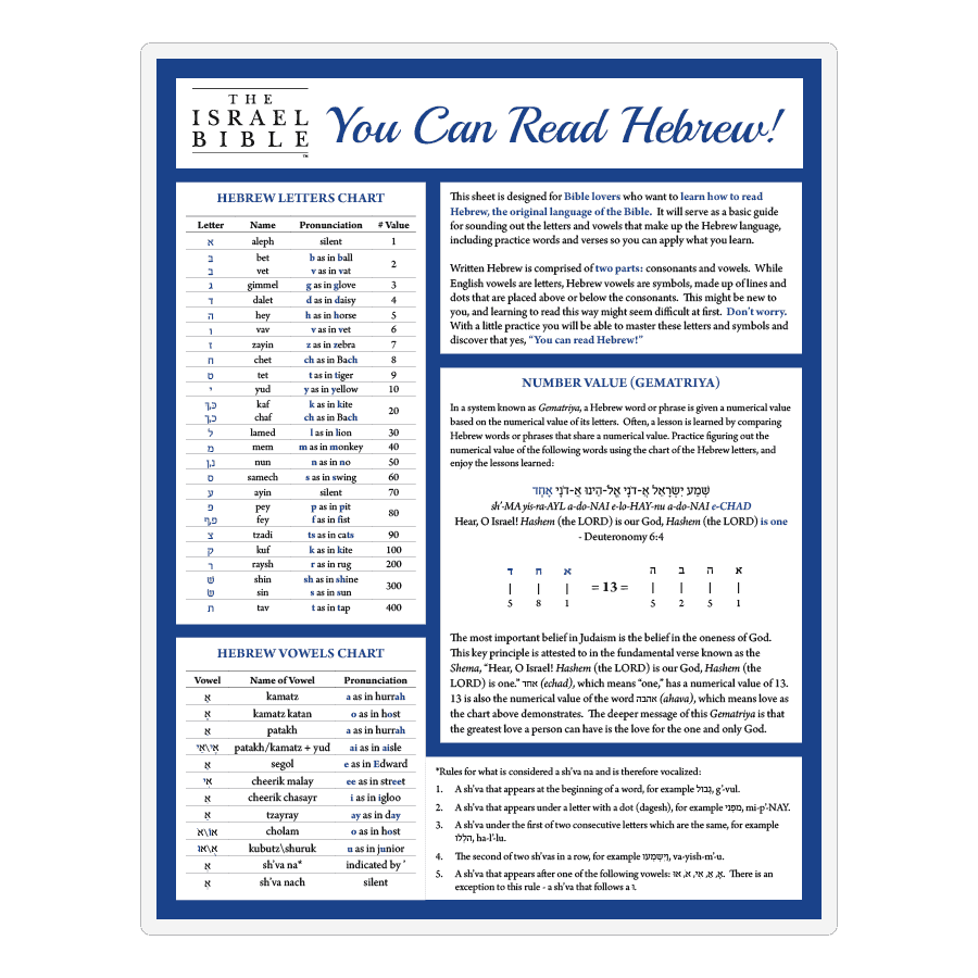 You Can Read Hebrew Laminated Study Sheet - The Israel Bible Study ...