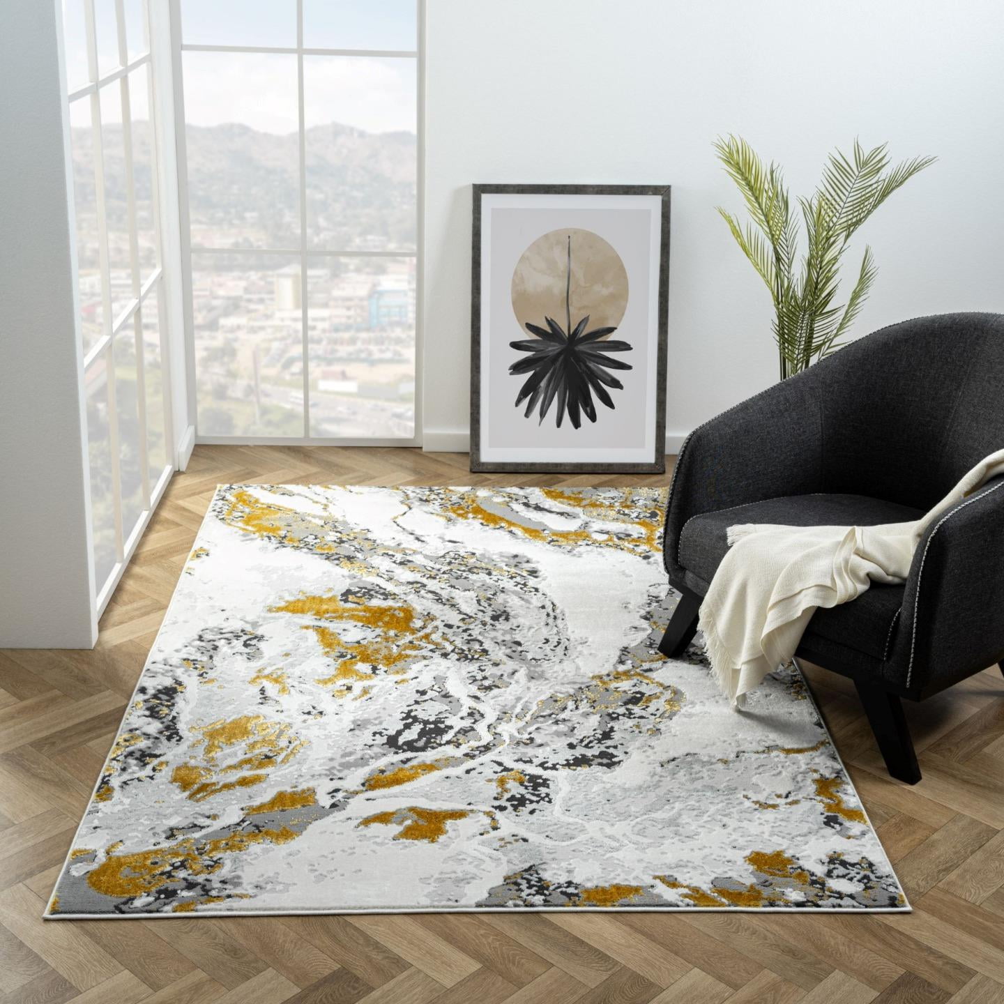 Luxe Weavers Abstract Marble Gold 4x5 Area Rug for Living Room and ...