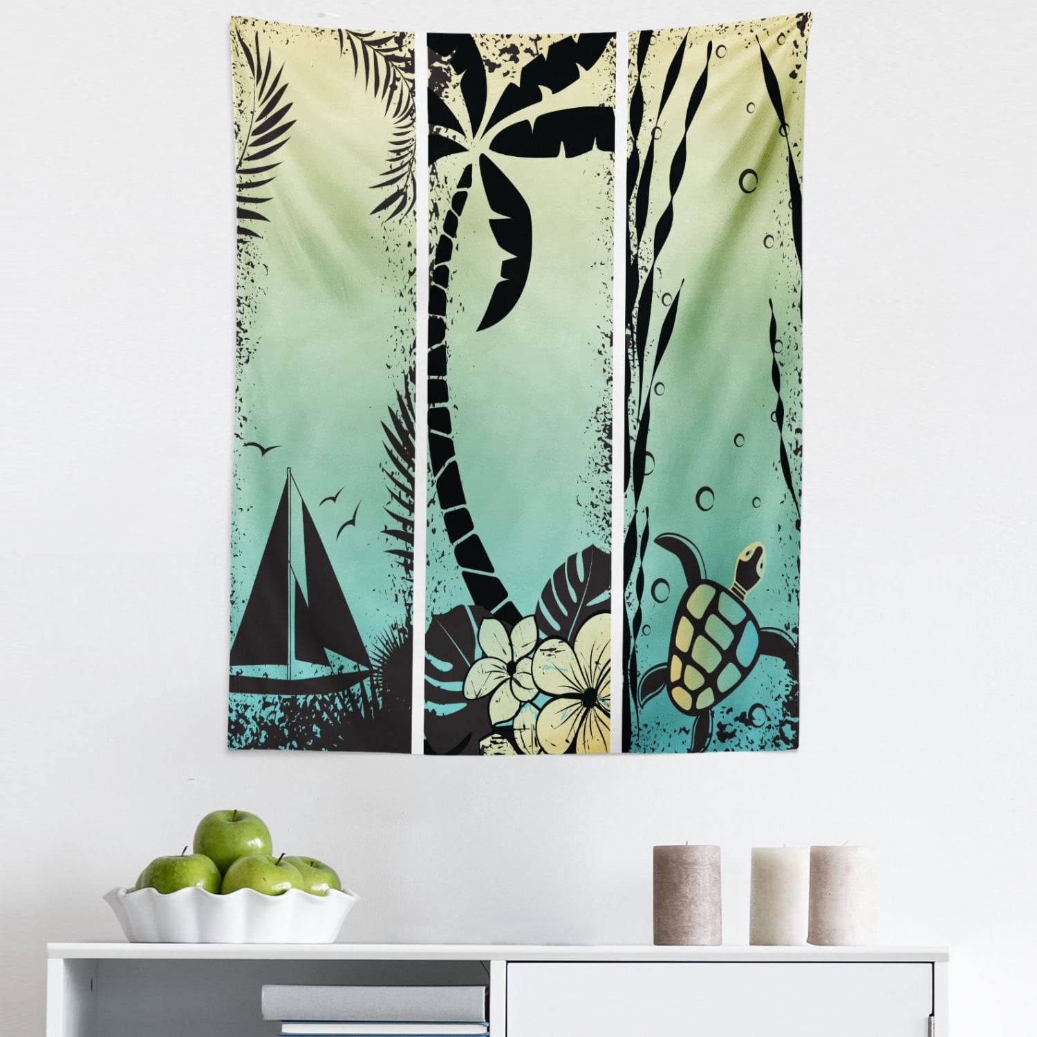 Turtle Tapestry, Grunge Tropical Holiday Themed Pattern with Boat Tree ...