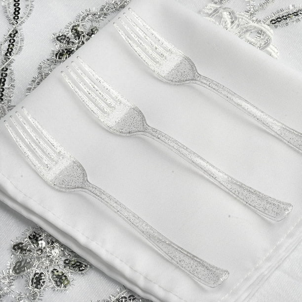 Efavormart 100 pcs Silver Glittered Disposable Plastic Fork for Wedding ...