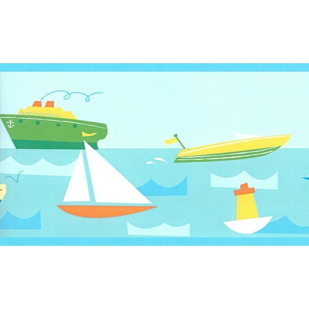 Prepasted Wallpaper Border - Nautical Blue, Yellow, Green, White Ships ...
