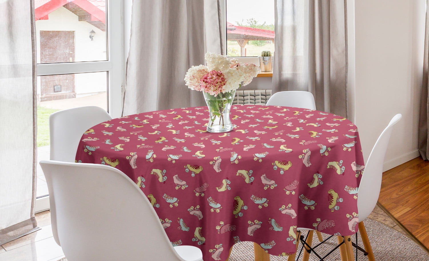 Retro Round Tablecloth, Nostalgic Style Funky Print of Repeated Roller ...