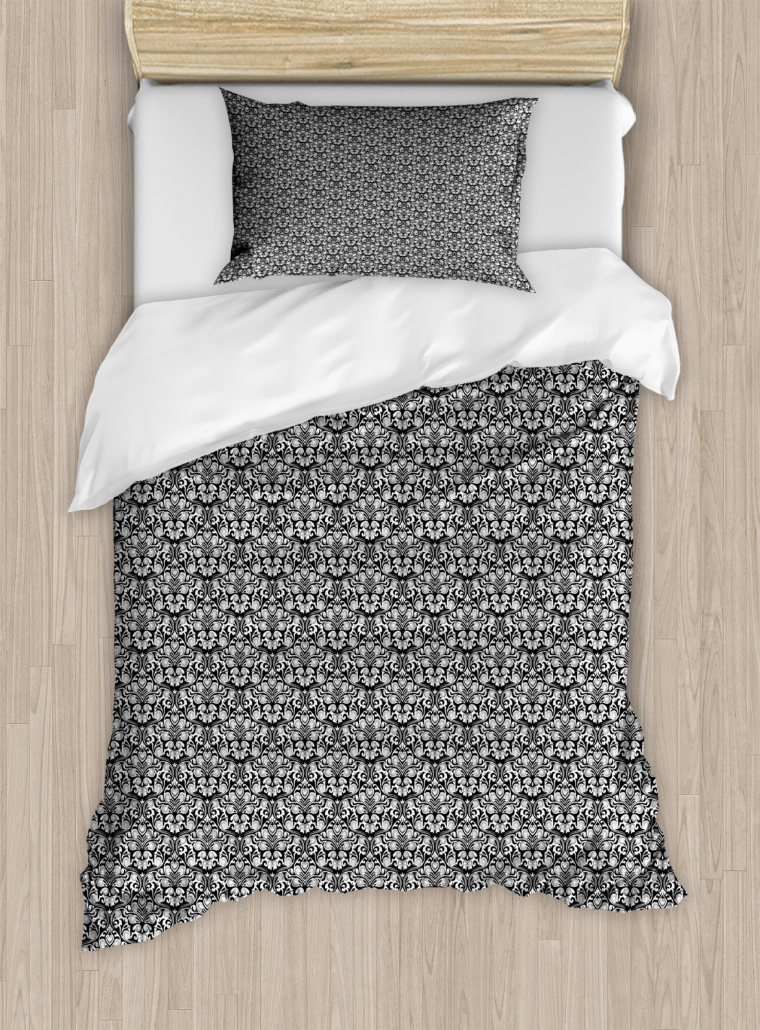 Black and White Twin Size Duvet Cover Set, Scroll Curly Leaves and ...