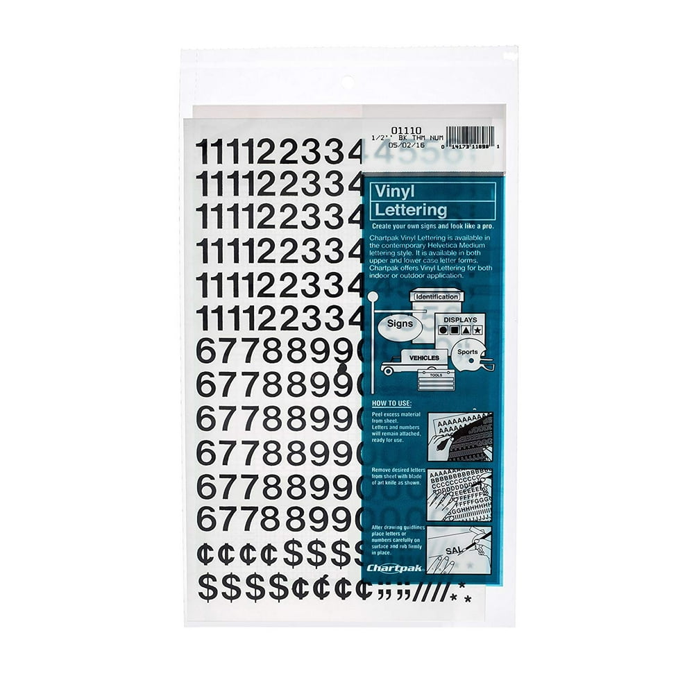 Chartpak Self-Adhesive Vinyl Numbers, 1/2 Inch High, Black, 210 per ...