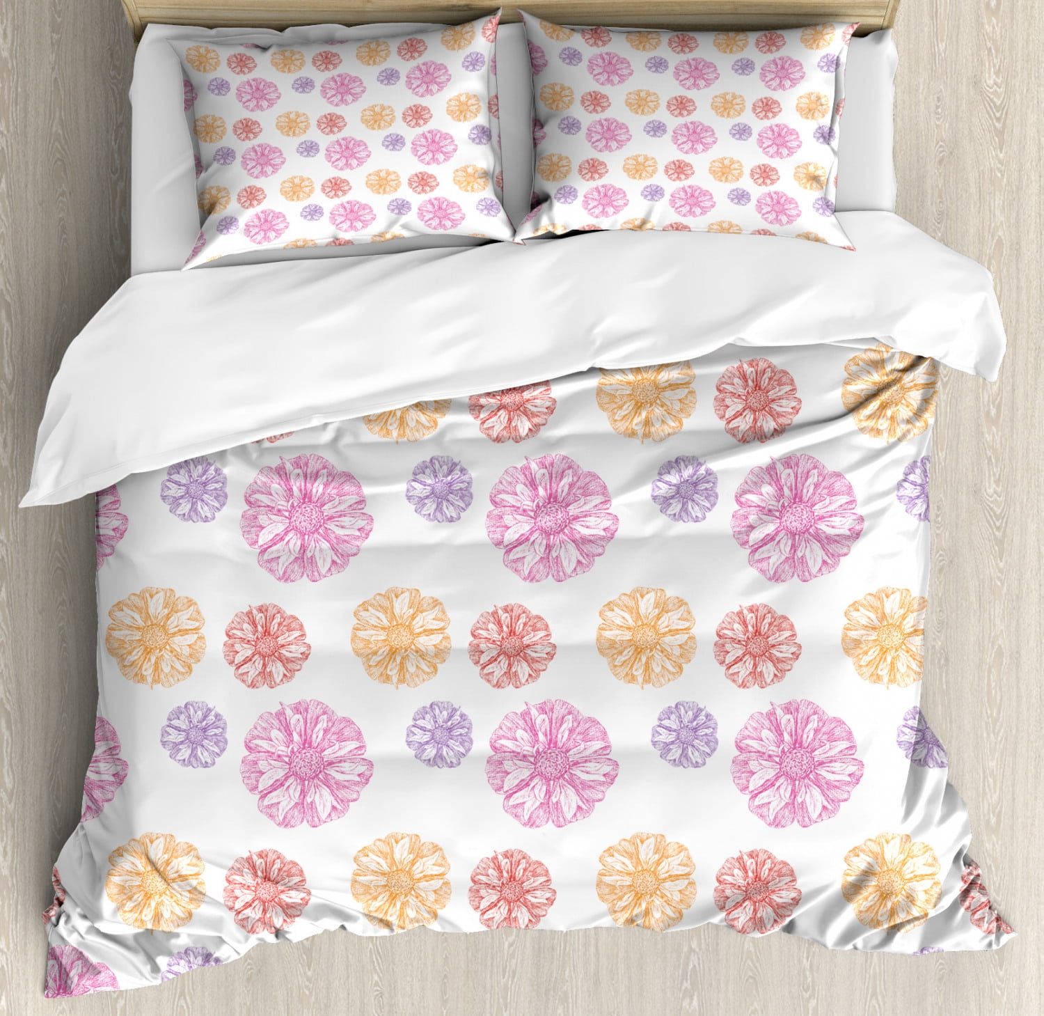 Aster Duvet Cover Set King Size, Hand Drawn Style Garden Flowers in ...