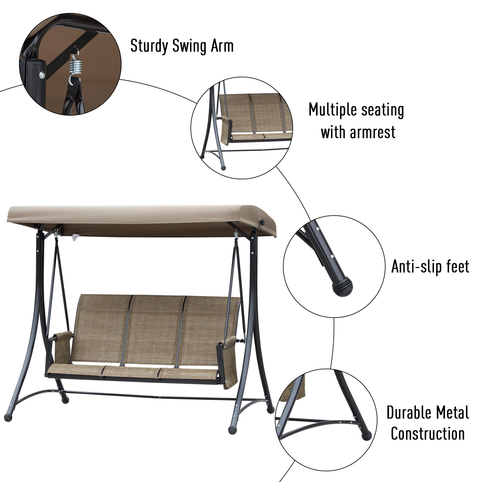 Steel Frame Adjustable Canopy Side Pouches Brown Outsunny 3 Seater ...