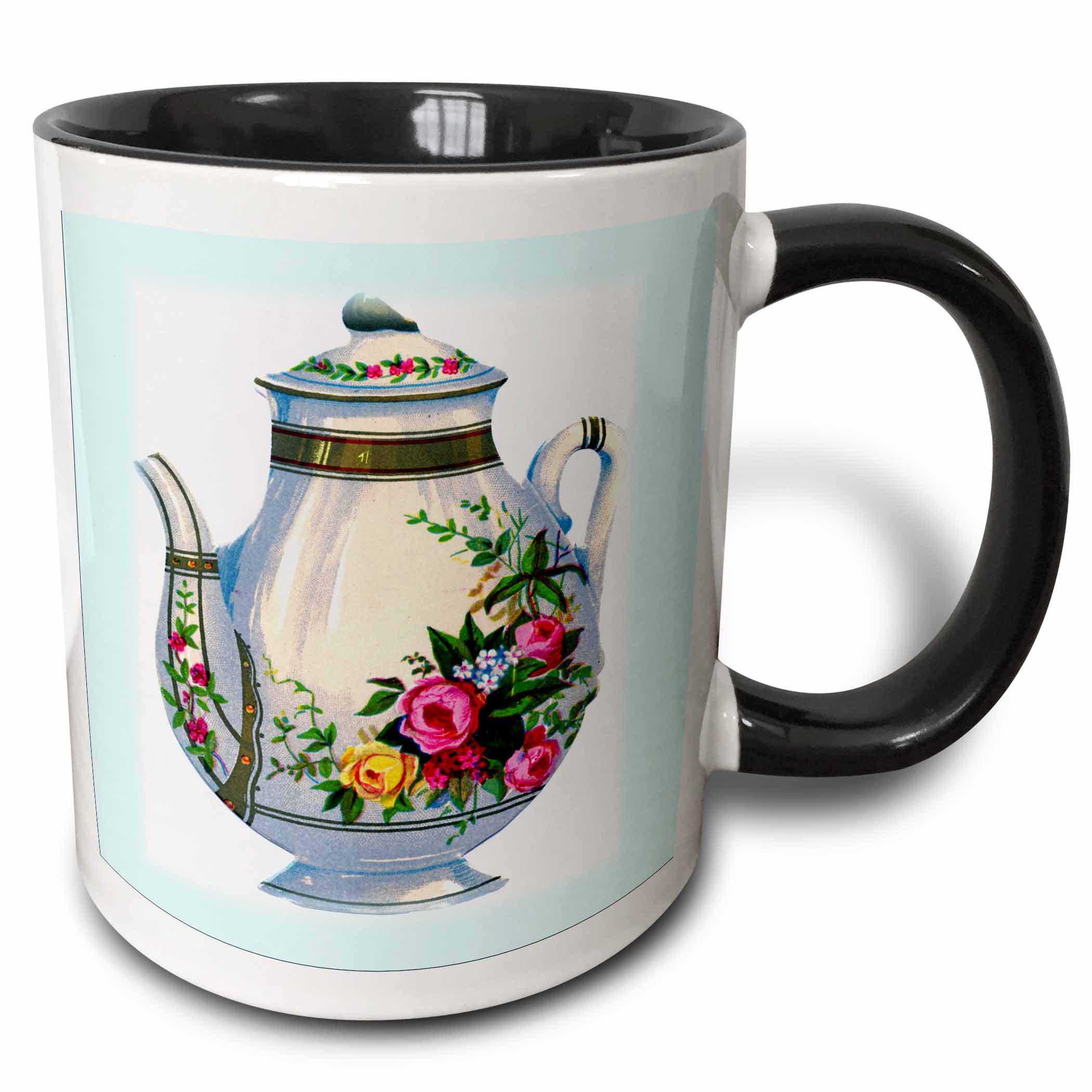 3dRose Victorian Floral Teapot - Two Tone Black Mug, 11-ounce - Walmart.com