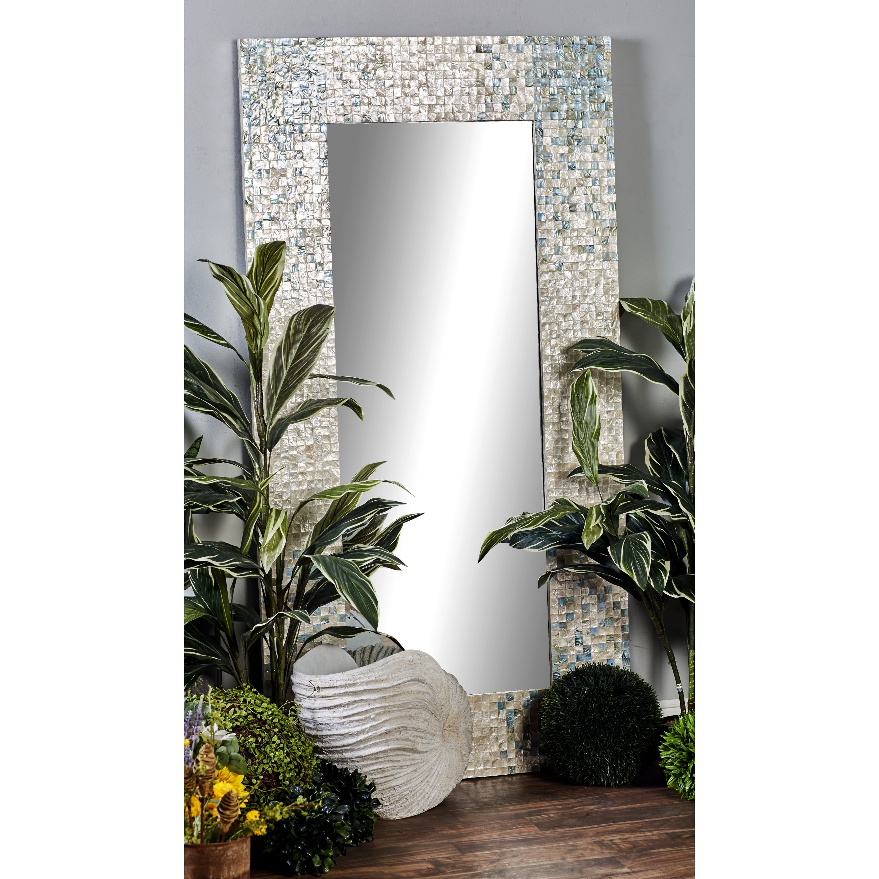 DecMode 36" x 70" Cream Handmade Wall Mirror with Blue Corners ...