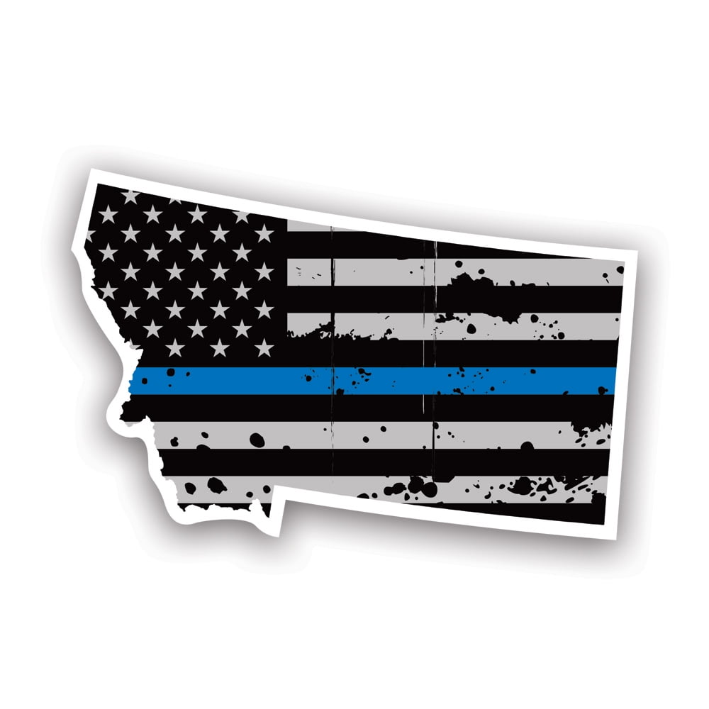 Distressed Thin Blue Line Montana State Shaped Subdued US Flag Sticker ...