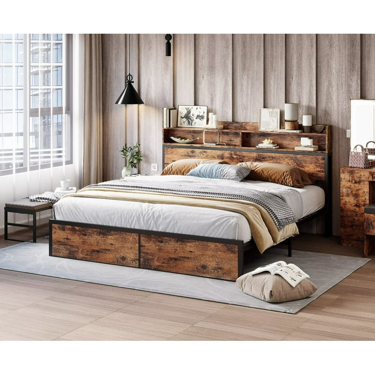 King bed frame with shelf headboard store